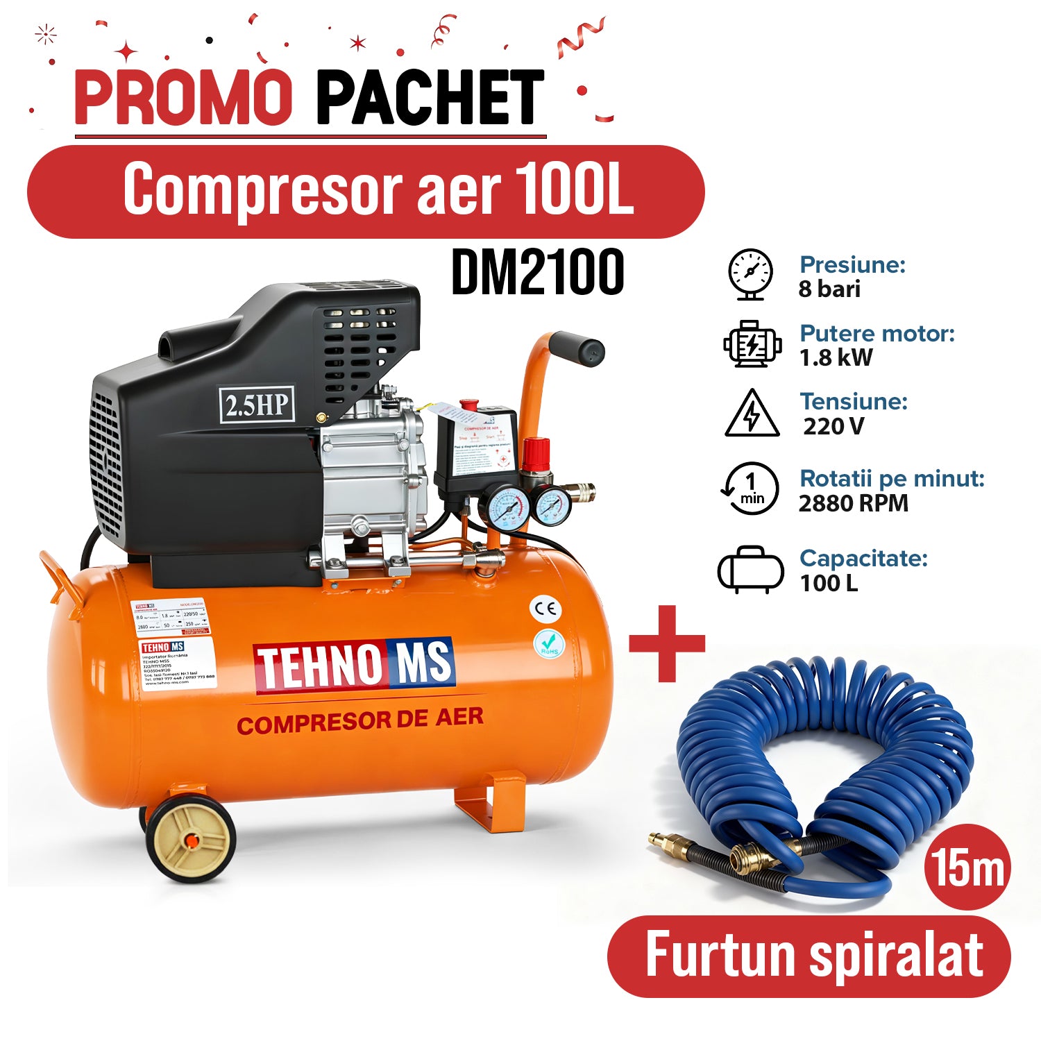 Pachet Promo: Compresor aer model DM2100 8 Bari, 1.8kW-100L Tehno-ms ...