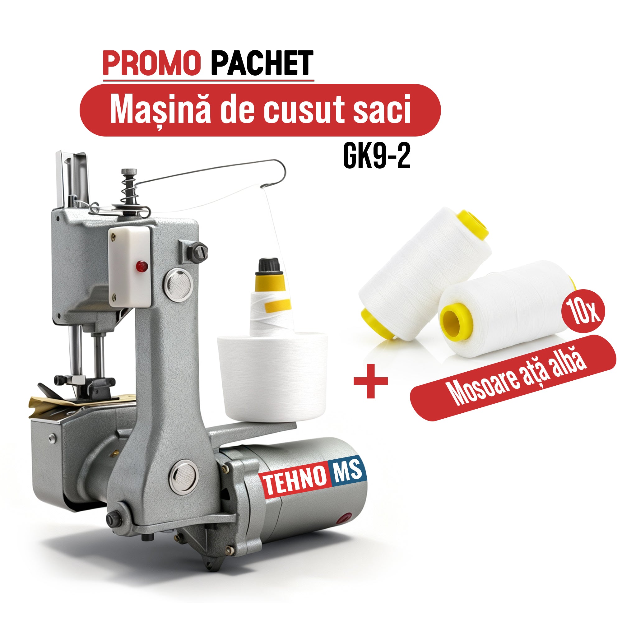 Pachet Promo: Masina de cusut saci GK9-2 + Mosoare ata alba (set 10 bu ...