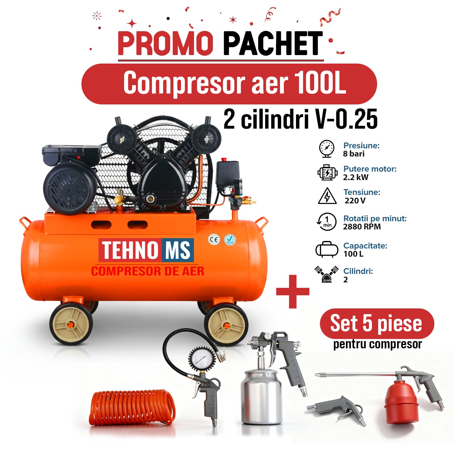 Pachet Promo: Compresor aer model V-0.25 -8 Bari, 2.2KW- 100L, 2 cilin ...