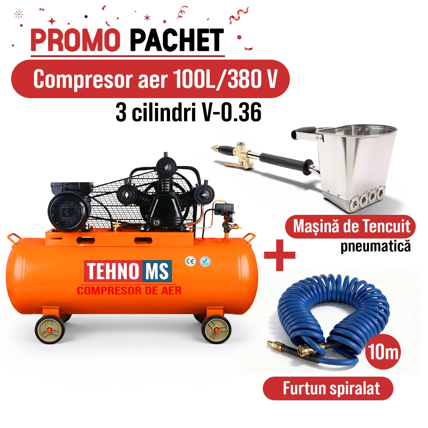 Pachet Promo: Compresor aer model V-0.36 -8 Bari, 3KW- 100L, 380 V, 3 ...