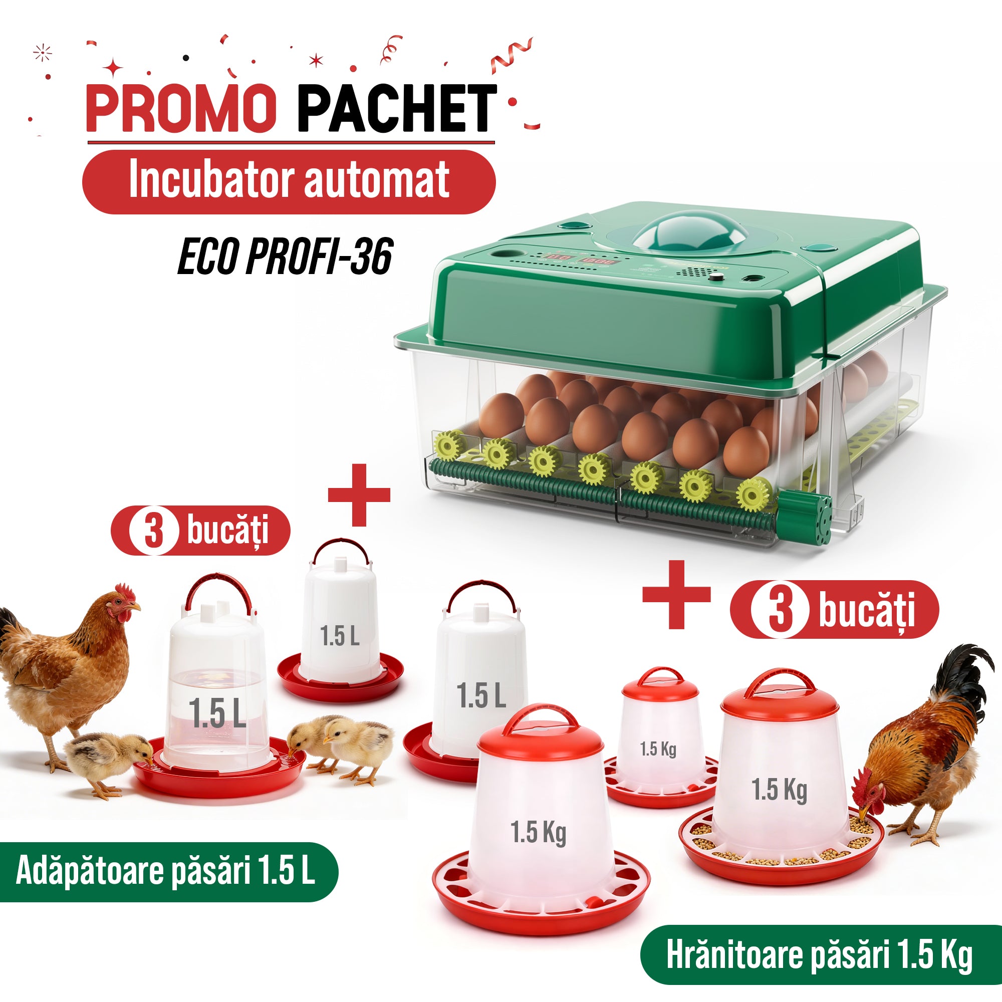 Pachet Promo: Incubator automat ECO PROFI-36 + 3 Adapatoare tip clopot ...